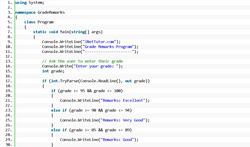 Grade Remarks in CSharp - iNetTutor.com
