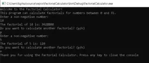 Factorial Calculator in CSharp - iNetTutor.com