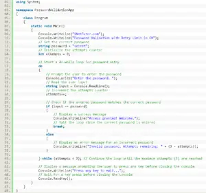 Password Validation with Retry Limit in C#
