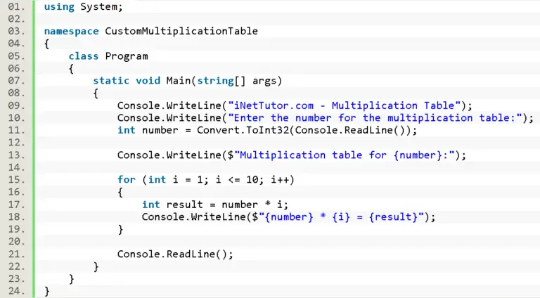 How to Print Custom Multiplication Tables in C#